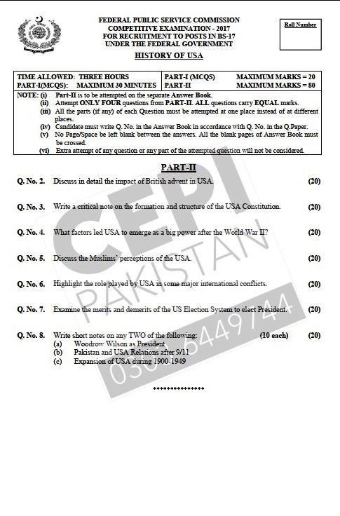 CSS Past Papers History of USA 2017 - CEPI Pakistan