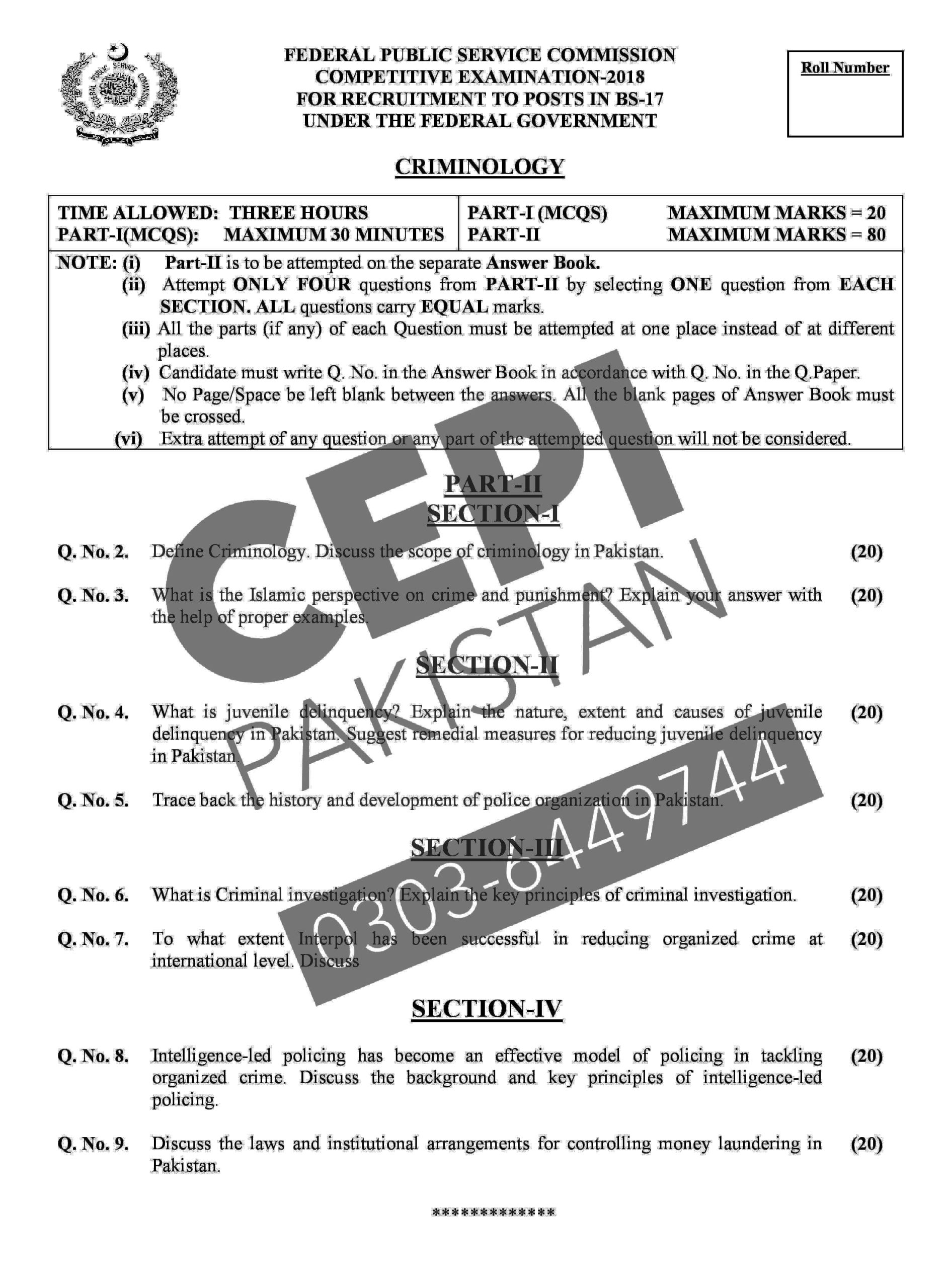 CSS Past Papers Criminology 2018 - CEPI Pakistan