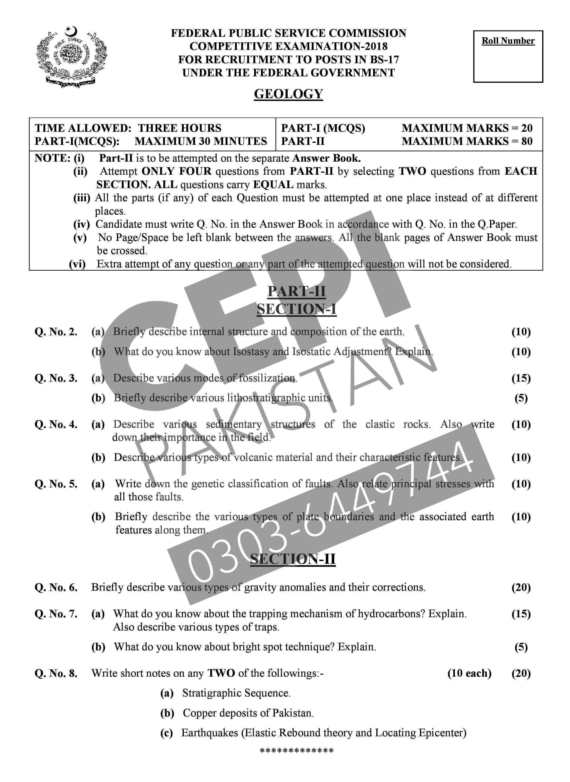 Css Past Papers Geology 2018 Cepi Pakistan
