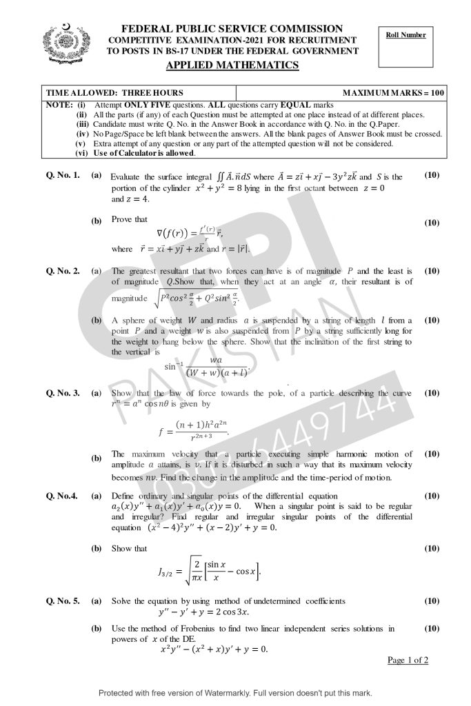 CSS Past Papers Applied Mathematics 2021 – CEPI Pakistan