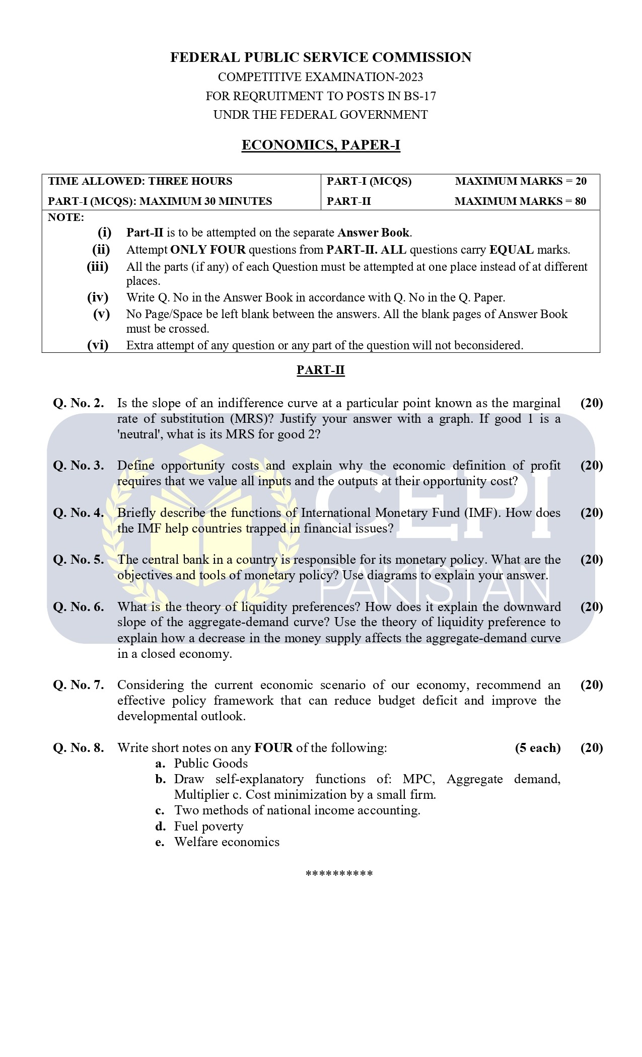 CSS Past Papers Economics 2023 - CEPI Pakistan