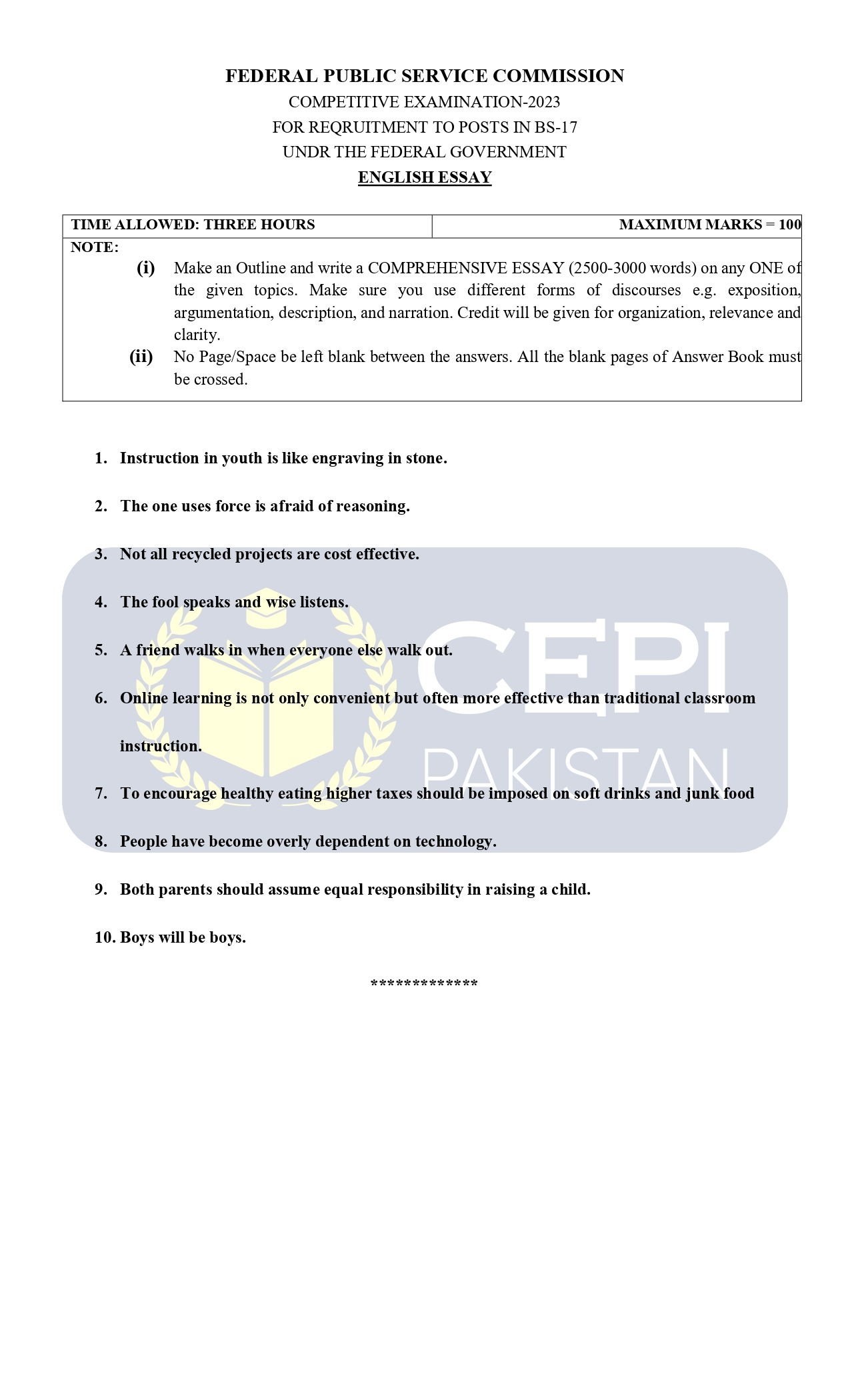 CSS Past Papers English Essay 2023 - CEPI Pakistan