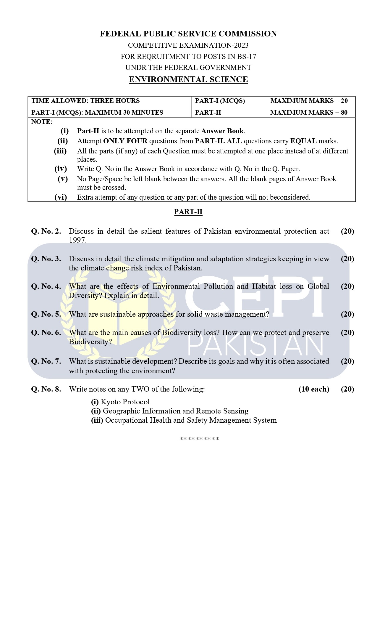 CSS Past Papers Environmental Science 2023 - CEPI Pakistan