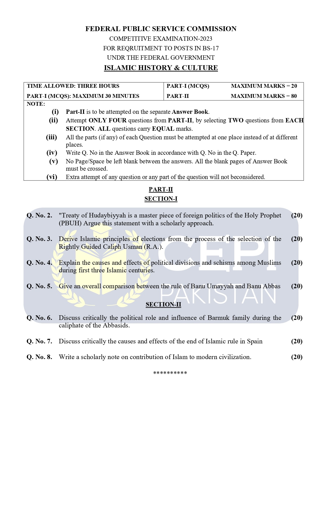 CSS Past Papers Islamic History & Culture 2023 - CEPI Pakistan