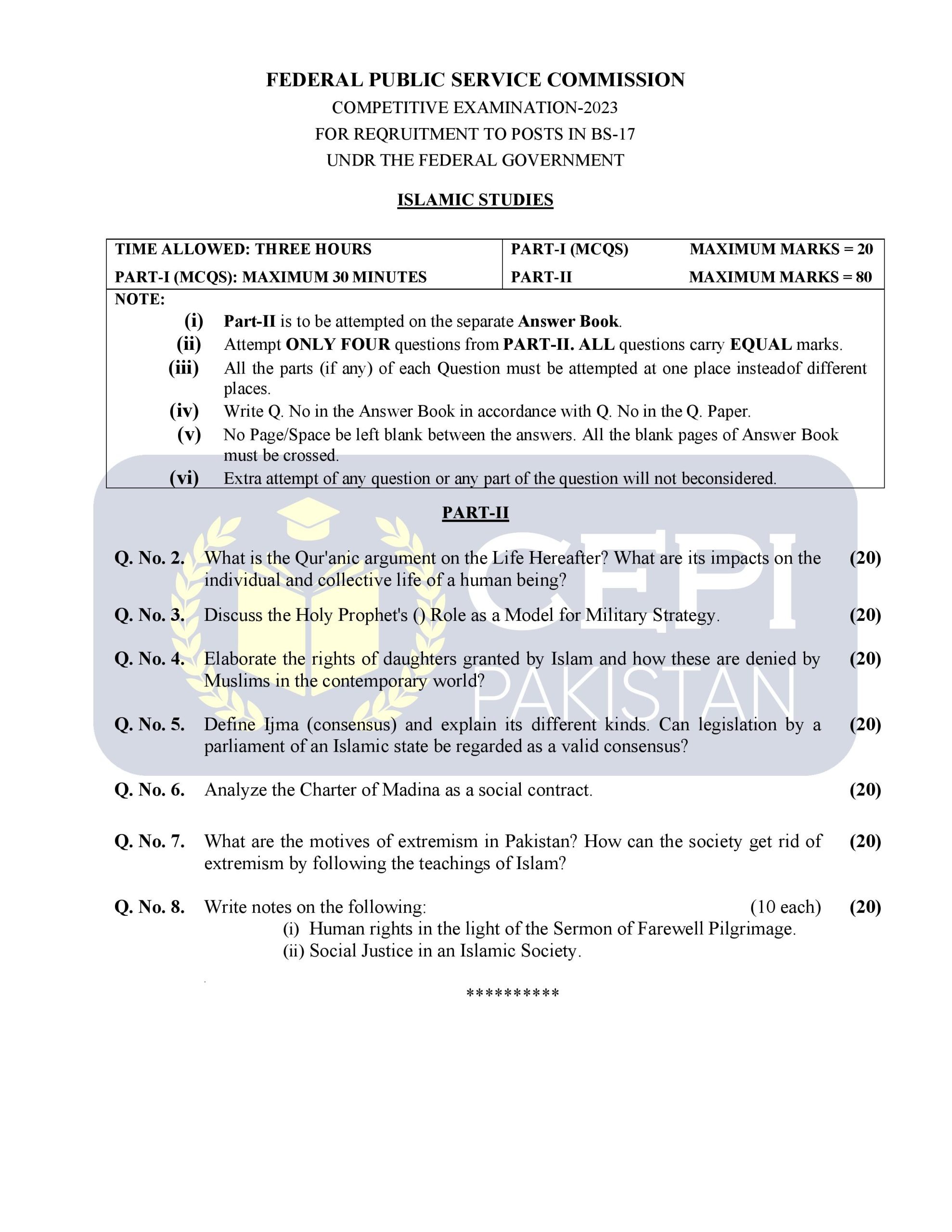 CSS Past Papers Islamic Studies 2023 - CEPI Pakistan