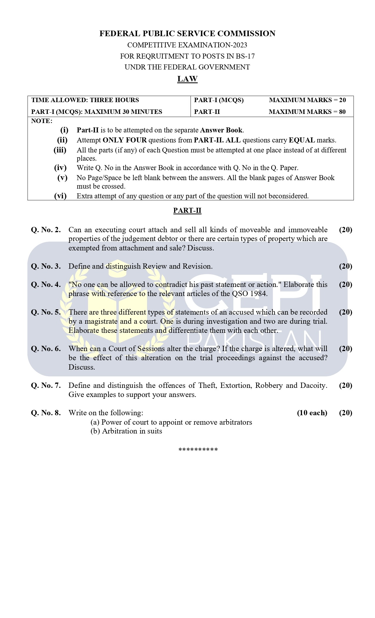 CSS Past Papers Law 2023 - CEPI Pakistan