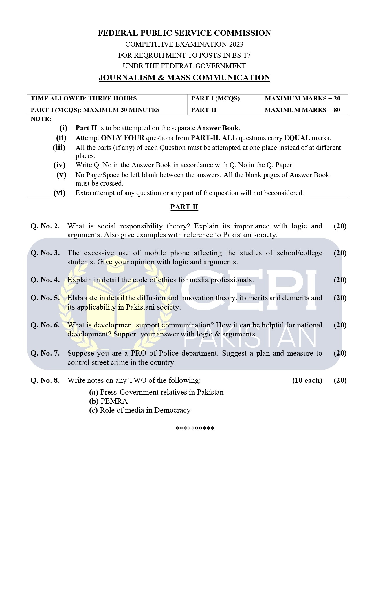 CSS Past Papers Mass Communication 2023 - CEPI Pakistan
