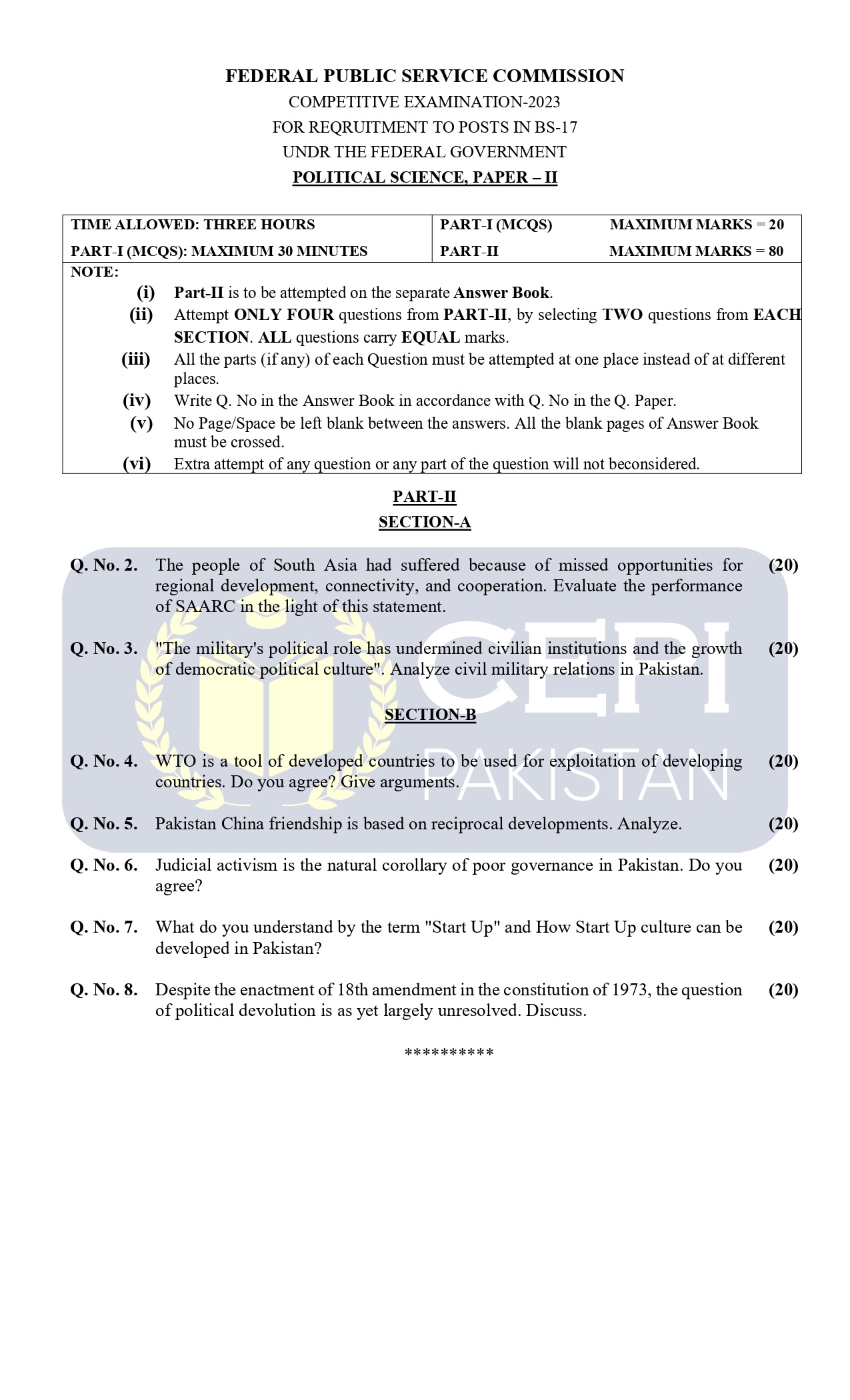 CSS Past Papers Political Science 2023 - CEPI Pakistan