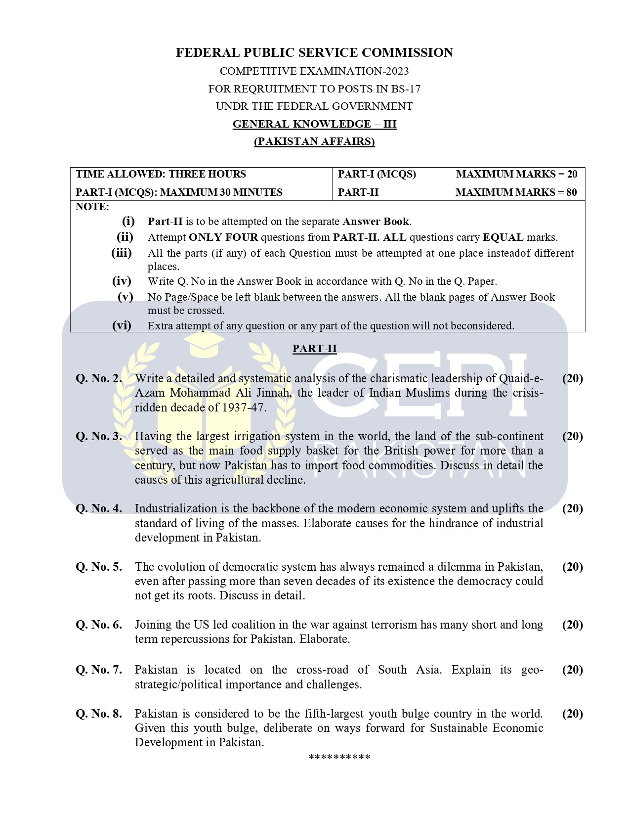 CSS Past Papers Pakistan Affairs 2023 - CEPI Pakistan