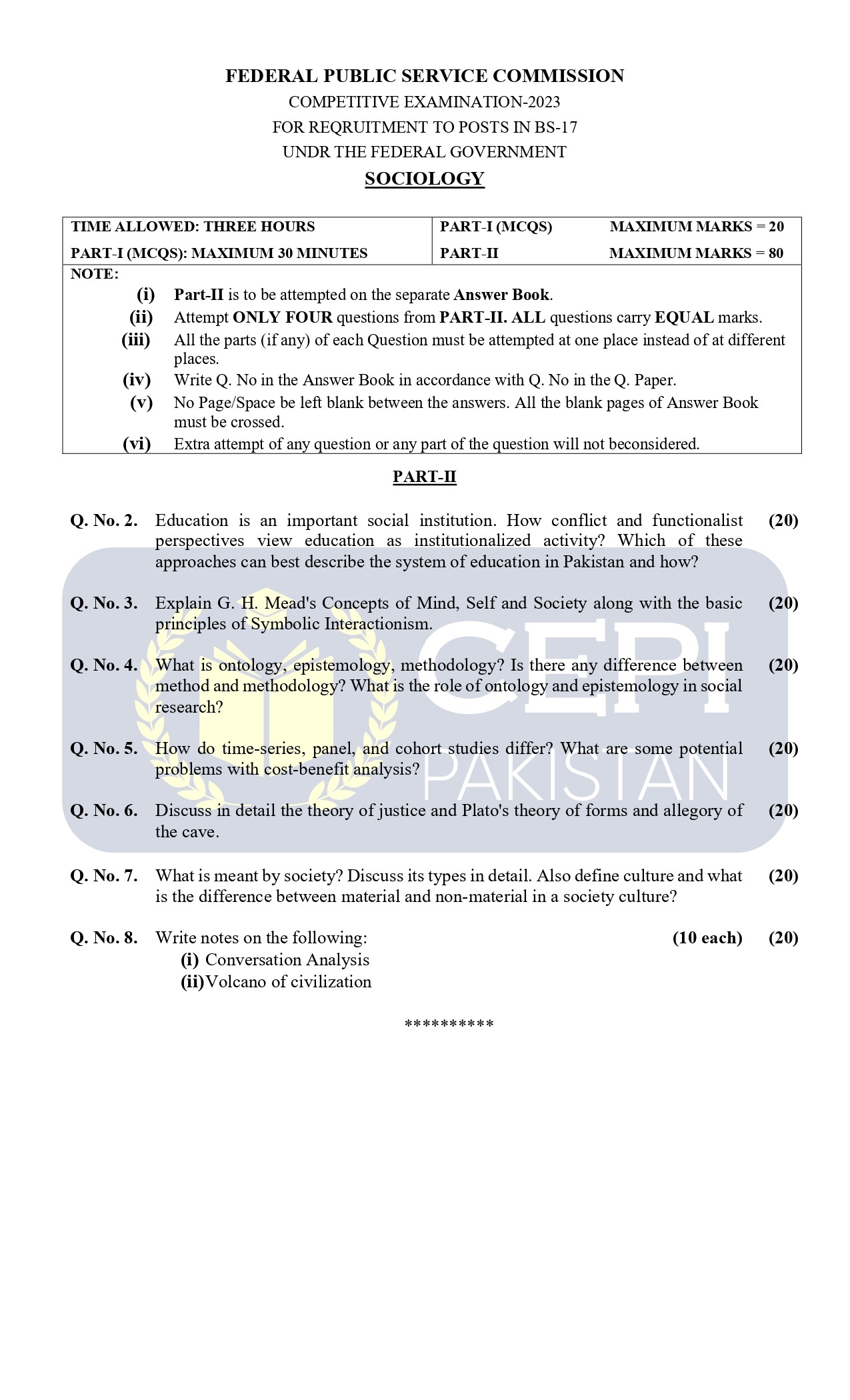 CSS Past Papers Sociology 2023 - CEPI Pakistan