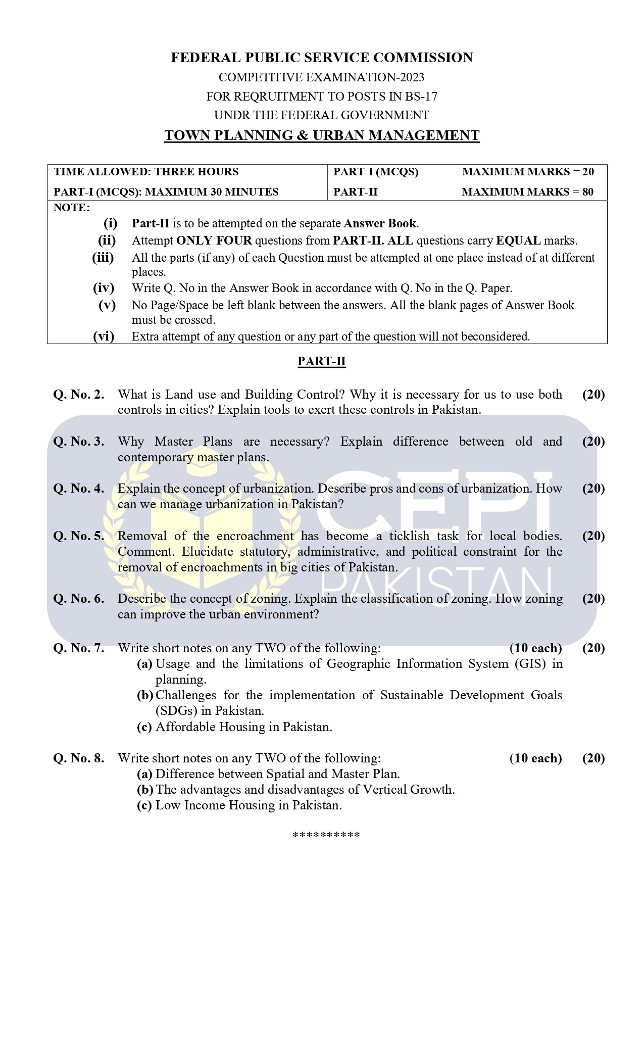 CSS Past Papers Town Planning & Urban Management 2023 - CEPI Pakistan