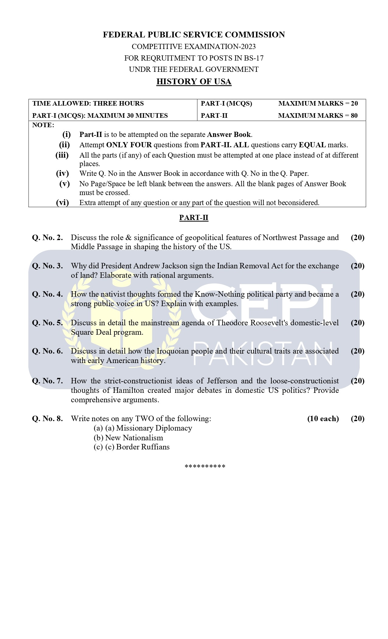CSS Past Papers US History 2023 - CEPI Pakistan