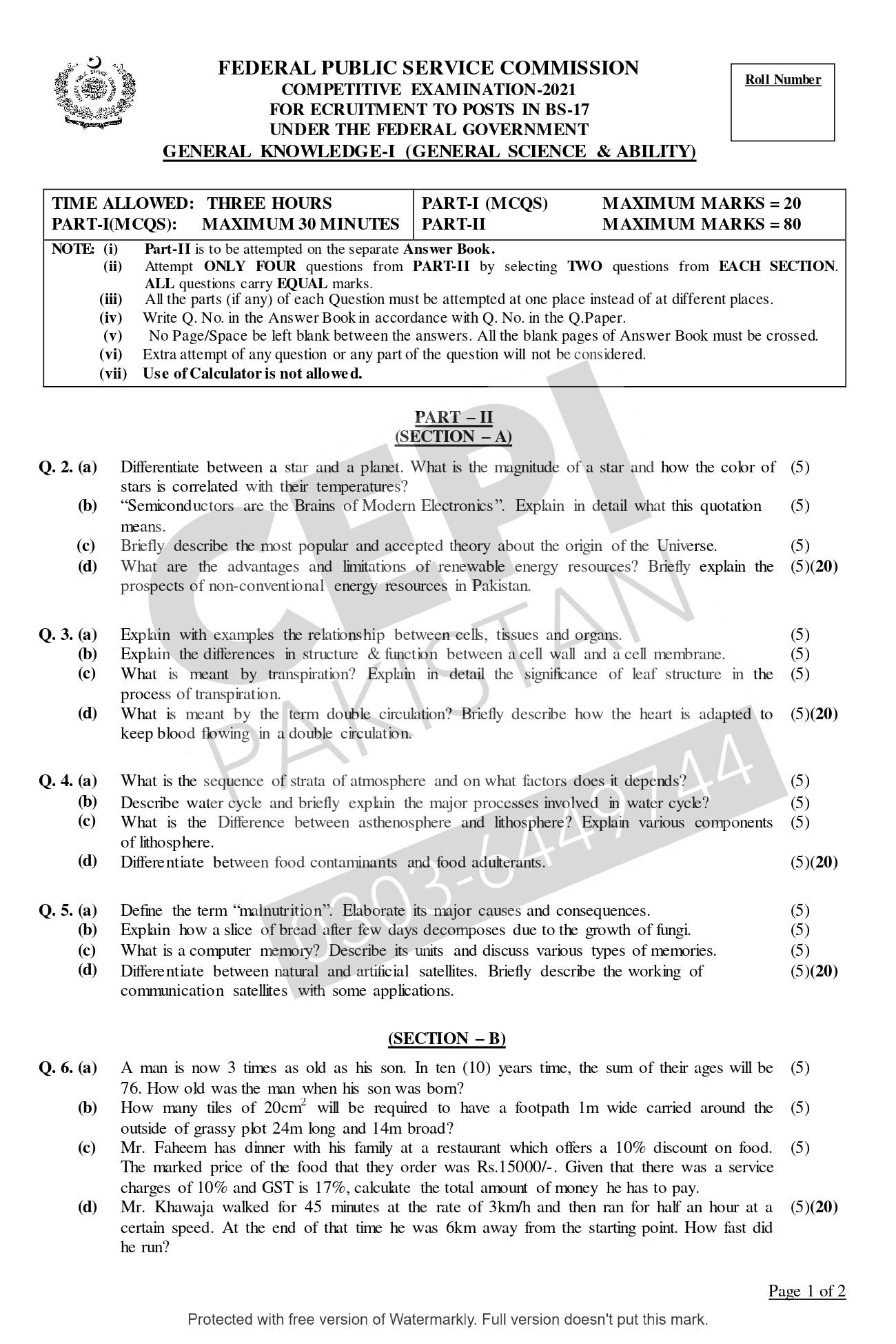 CSS Past Papers GK-I (General Science & Ability) 2021 - CEPI Pakistan