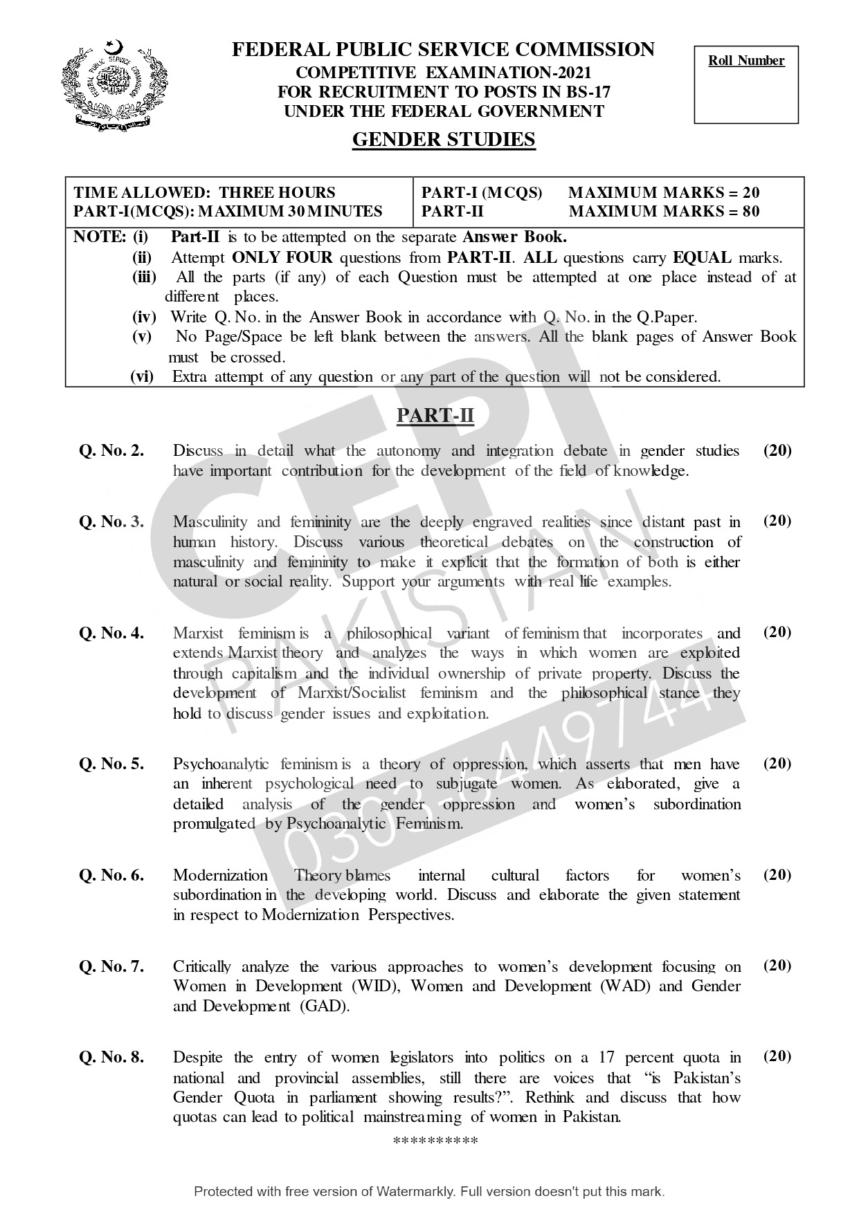 CSS Past Papers Gender Studies 2021 - CEPI Pakistan