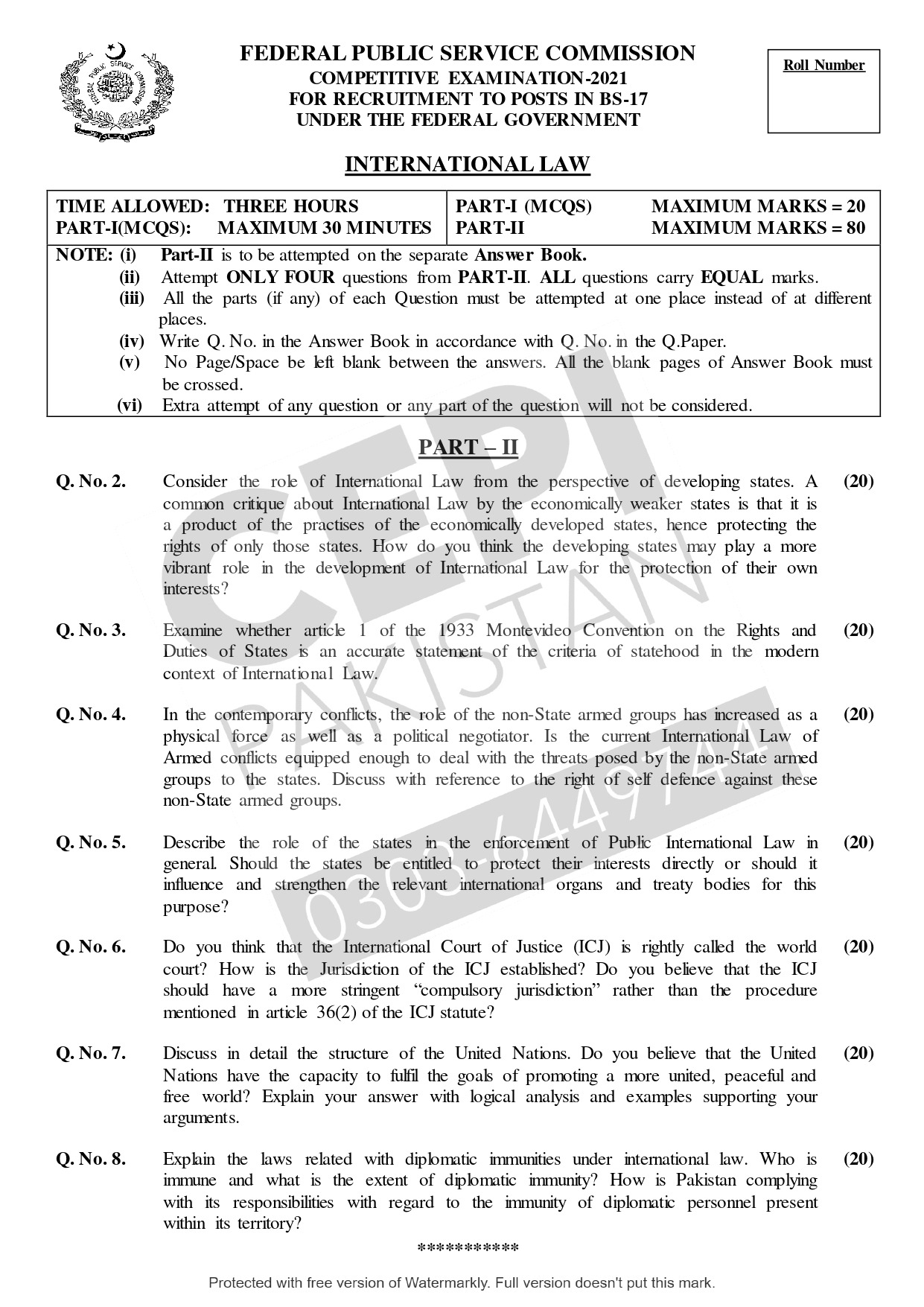 CSS Past Papers International Law 2021 - CEPI Pakistan