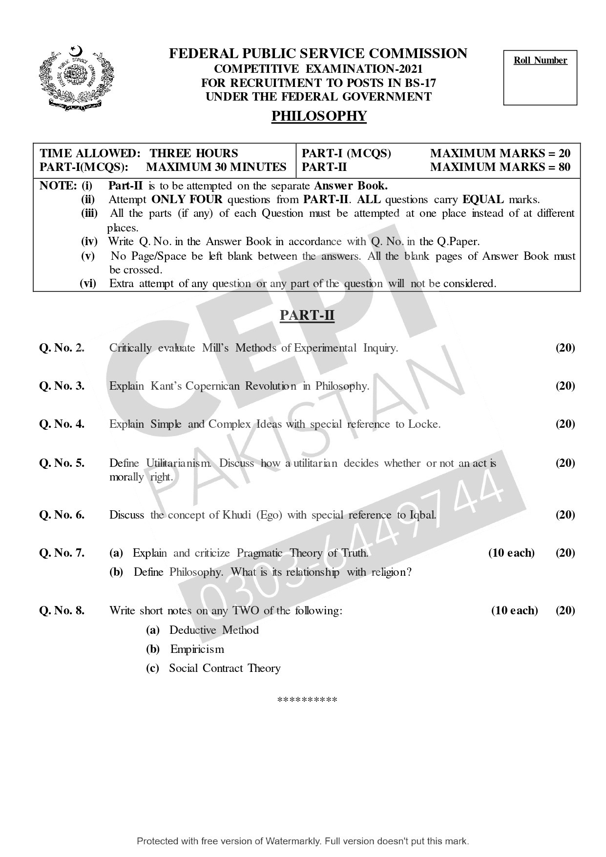 CSS Past Papers Philosophy 2021 - CEPI Pakistan