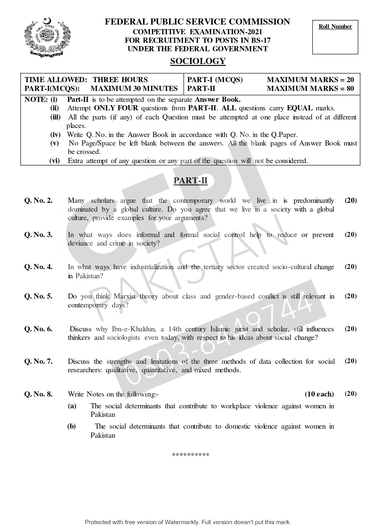 CSS Past Papers Sociology 2021 - CEPI Pakistan