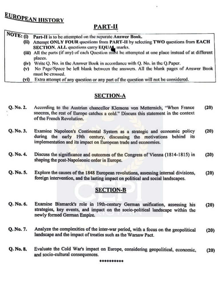 CSS Past Paper European History 2024 - CEPI Pakistan