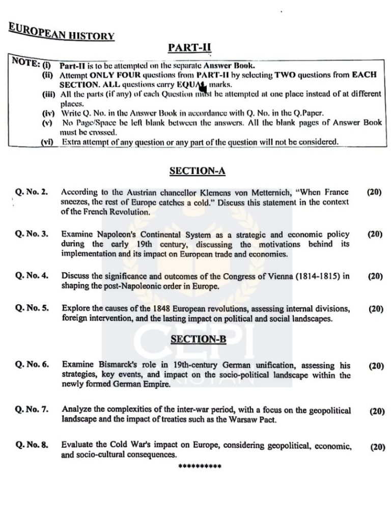 CSS Past Paper European History 2024 - CEPI Pakistan