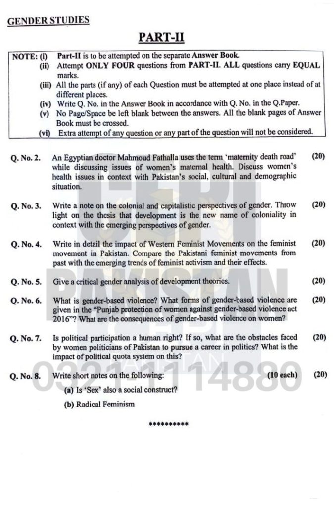 CSS Past Paper Gender Studies 2024 - CEPI Pakistan