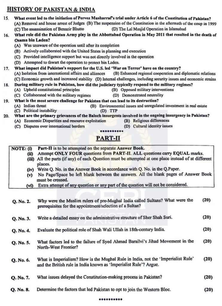 CSS Past Paper History of Pakistan & India 2024 - CEPI Pakistan
