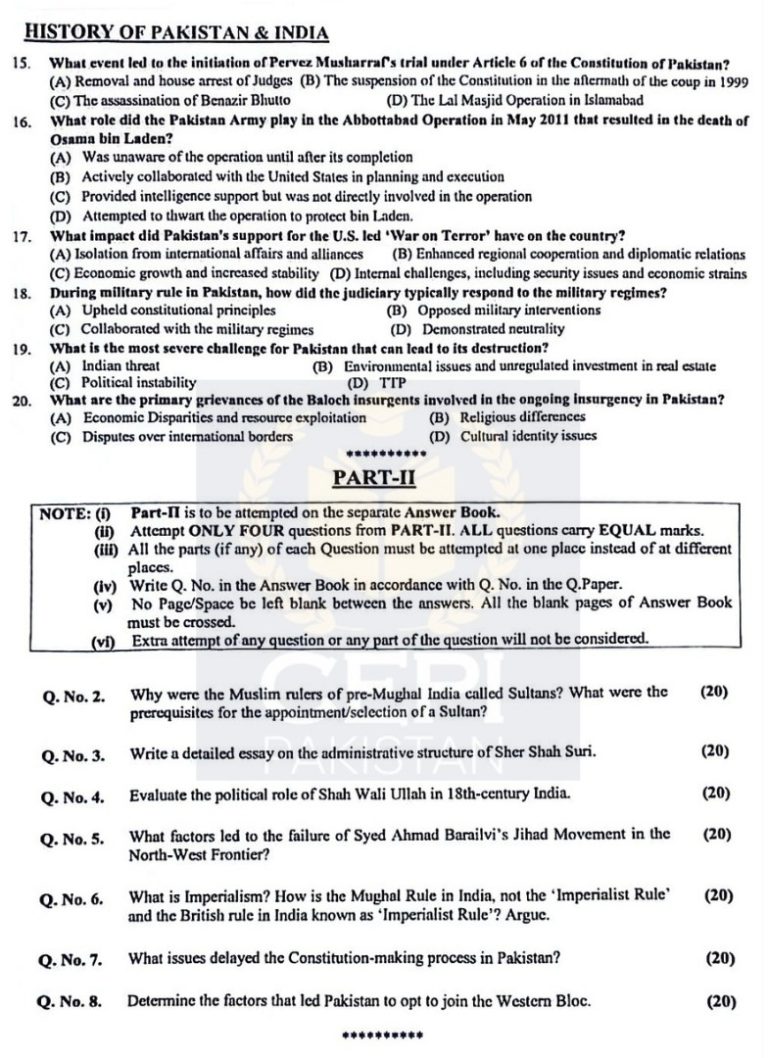 CSS Past Paper History of Pakistan & India 2024 - CEPI Pakistan