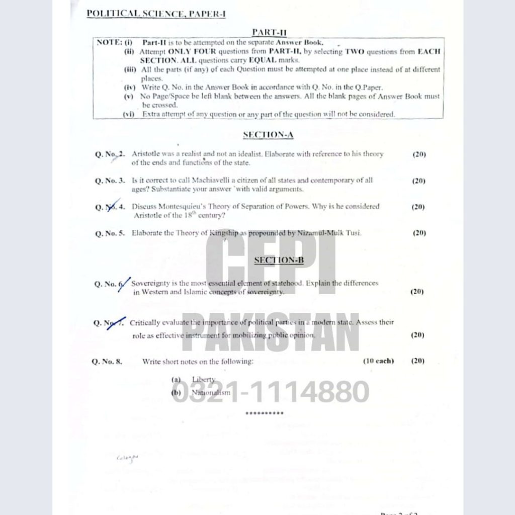CSS Past Paper Political Science Paper-I 2024 - CEPI Pakistan