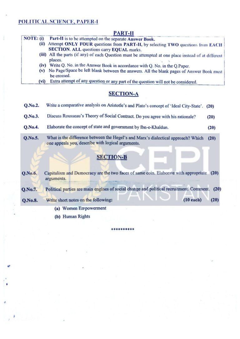 CSS Past Paper Political Science Paper-I 2025 - CEPI Pakistan